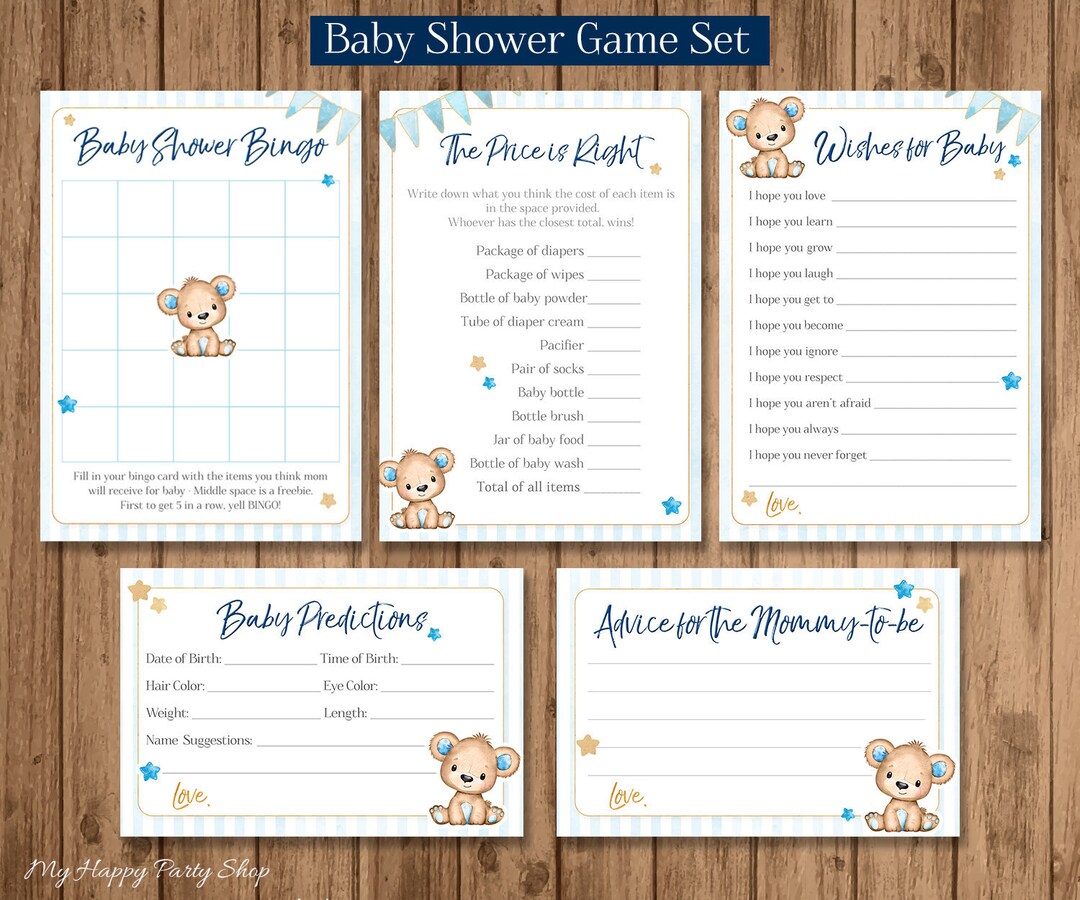 Teddy Bear Baby Shower Games Kit, PRINTABLE, Blue Bear Baby Shower ...