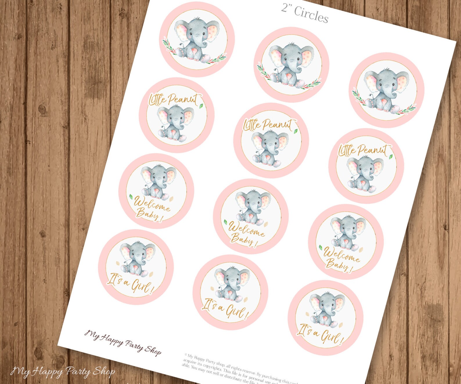 2" Baby Shower Toppers, PRINTABLE, Pink Elephant Circles, Pink Elephant ...