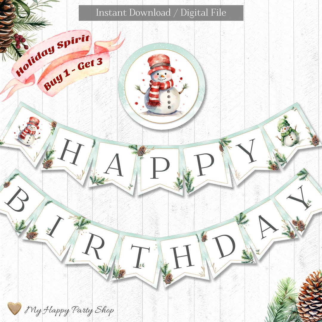 Happy Birthday Banner, PRINTABLE, Winter Birthday, Winter Party Decor ...