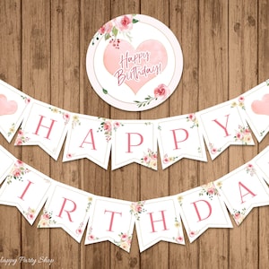 Happy Birthday Banner, PRINTABLE, Roses Birthday Banner, Pink Birthday ...