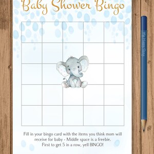 Elephant Baby Shower Bingo Card, PRINTABLE, Boy Shower Bingo Game, Blue ...