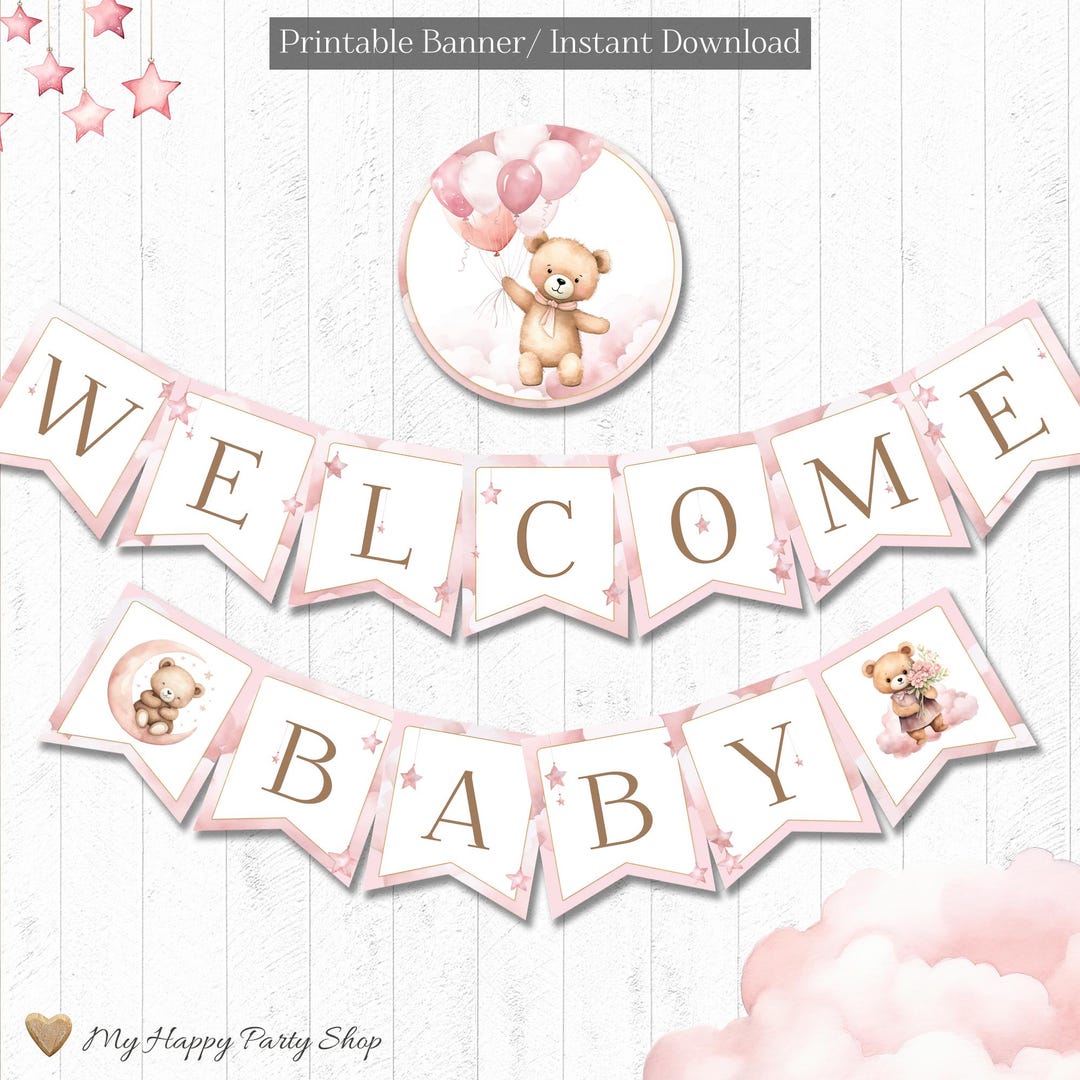 Pink Welcome Baby Banner | PRINTABLE | Teddy Bear Baby Shower ...