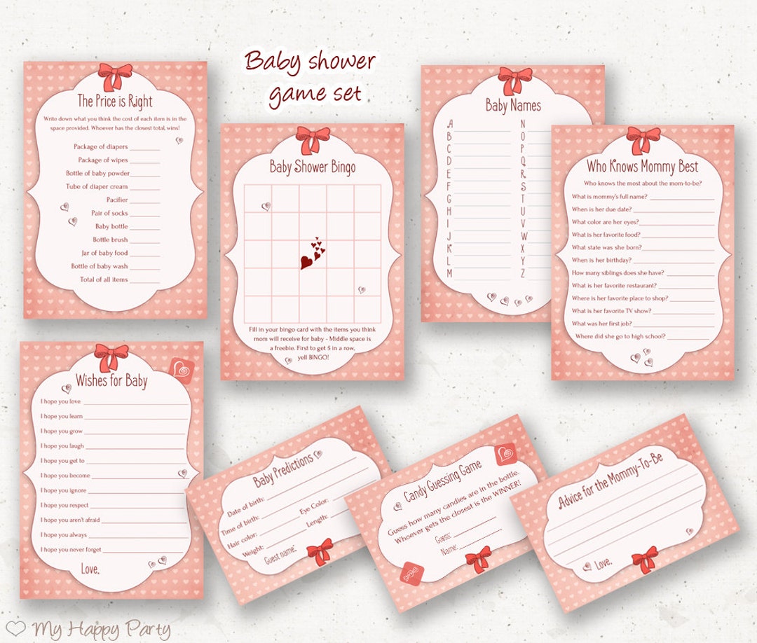 Girl Baby Shower Games Set -PRINTABLE, Pink Hearts and Ribbon, Digital ...