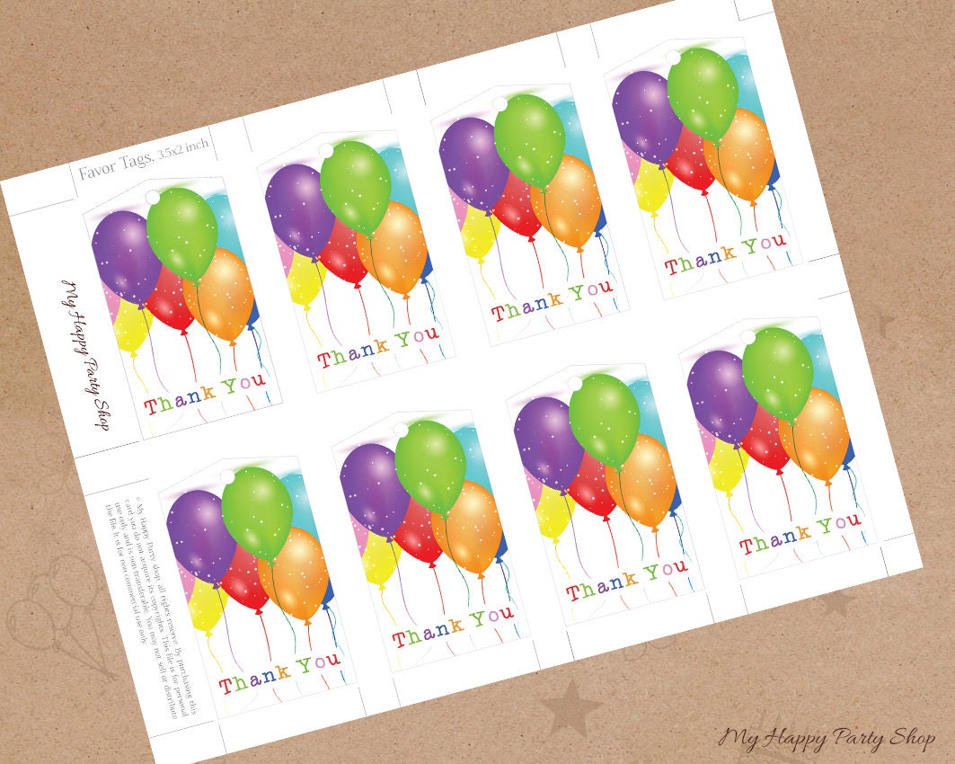 Balloons Favor Tags, PRINTABLE, Balloons Thank You Tags, Birthday ...