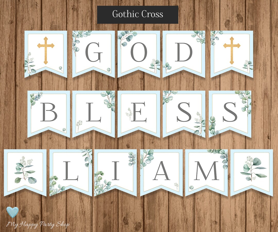 Blue God Bless Banner, PRINTABLE, Custom Banner, Boy Baptism Decor ...