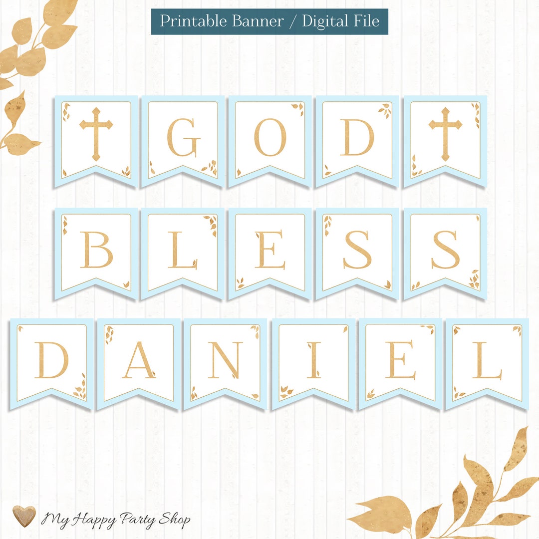 Blue God Bless Banner, PRINTABLE, Custom Banner, DIY, Baptism Decor ...