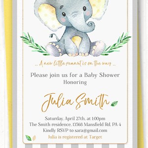 Yellow Elephant Baby Shower Invitation, PRINTABLE, Watercolor Elephant ...