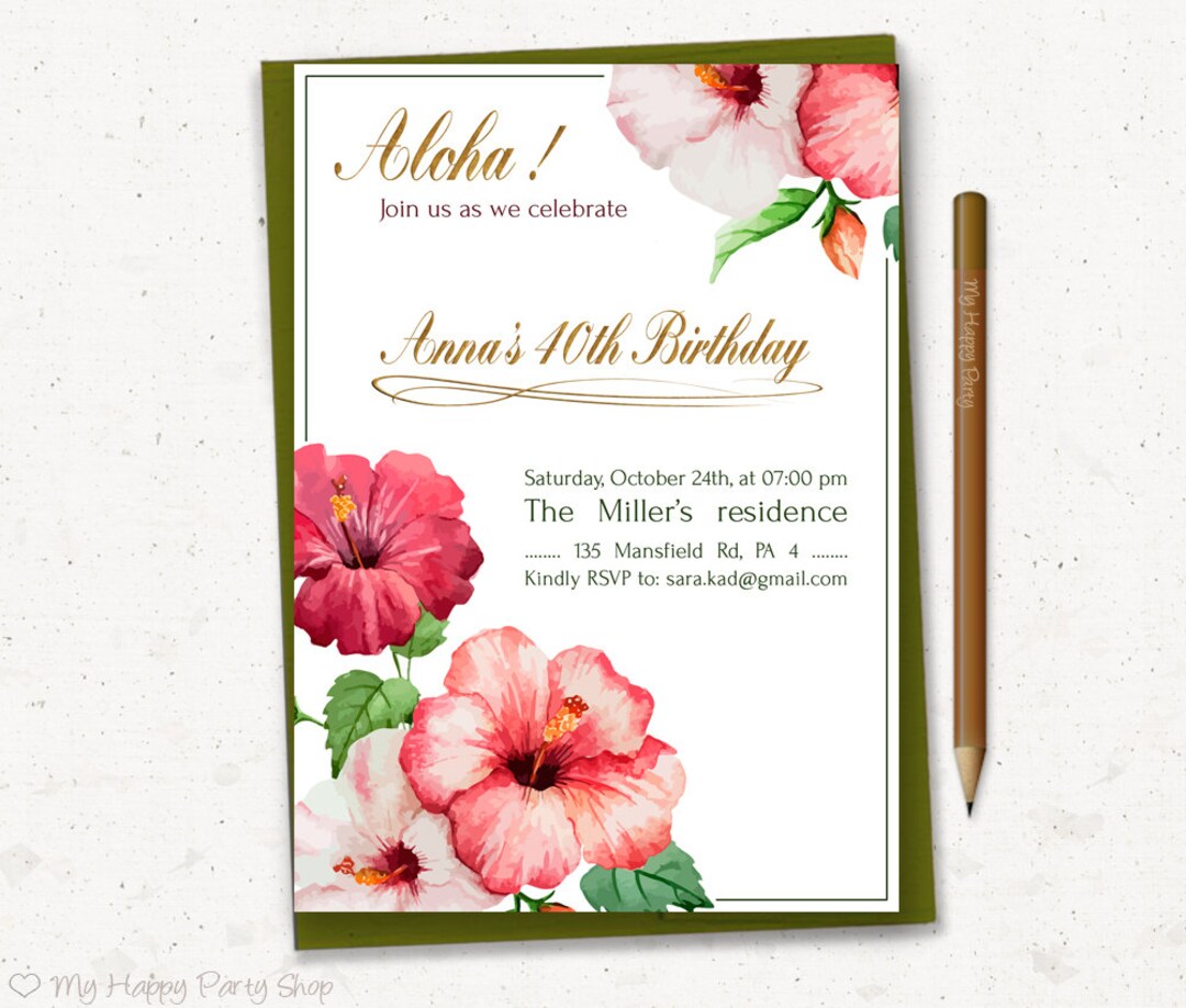 Aloha Birthday Invitation, PRINTABLE, Women Birthday Invite, Hibiscus ...