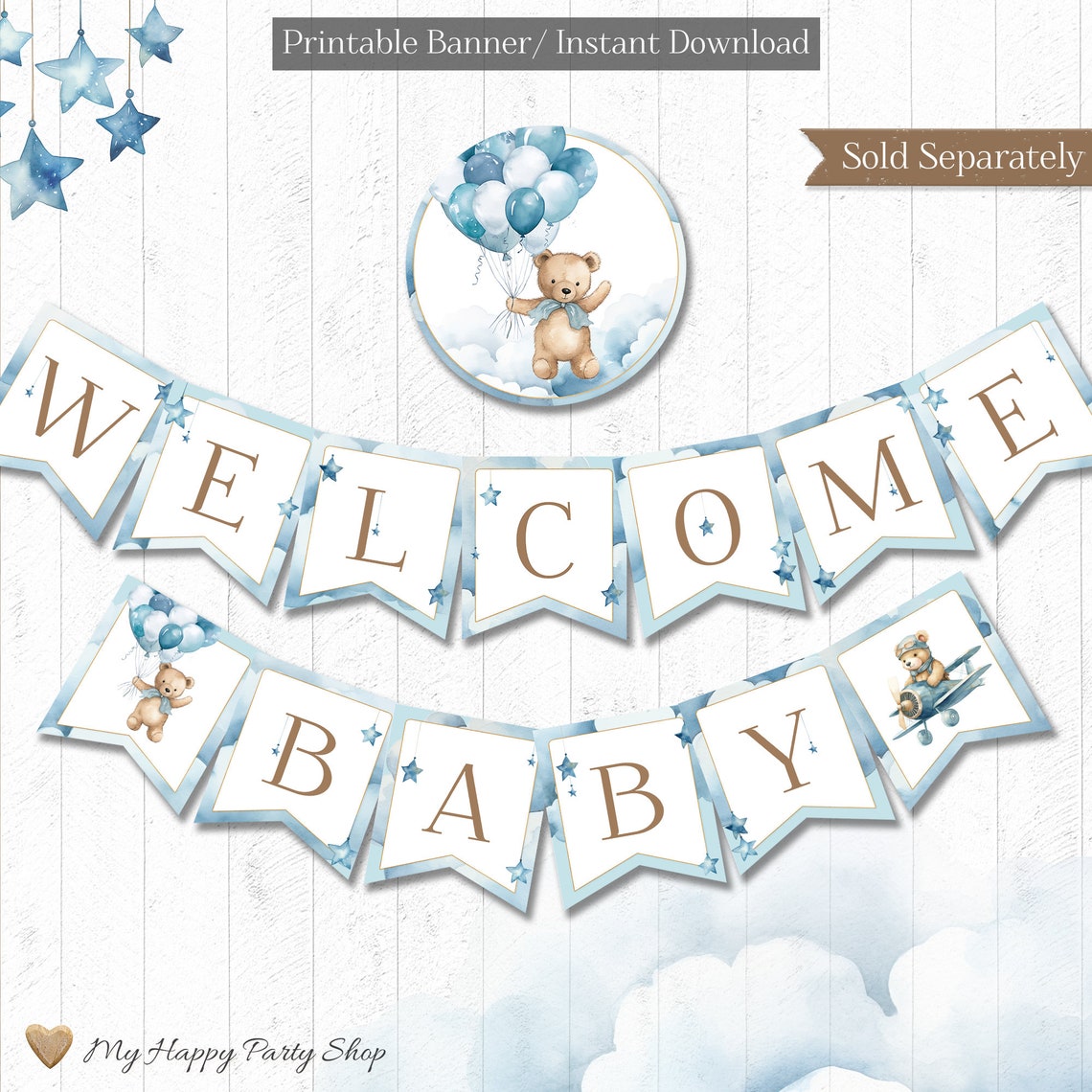 Teddy Bear Baby Shower Banner, PRINTABLE, It's a Boy Banner, Blue ...