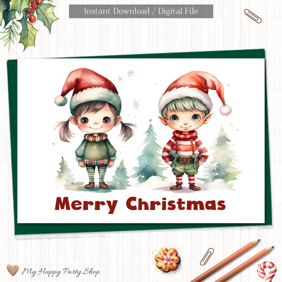 Christmas Card, PRINTABLE, Elf Card, Cute Elves, Watercolor Card ...