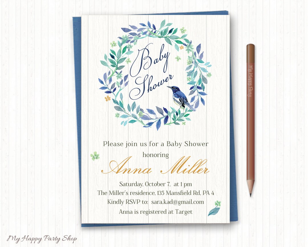 Bird Baby Shower Invitation, PRINTABLE , Blue Bird, Watercolor Baby ...