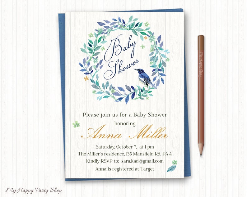 Bird Baby Shower Invitation PRINTABLE Blue Bird Watercolor - Etsy
