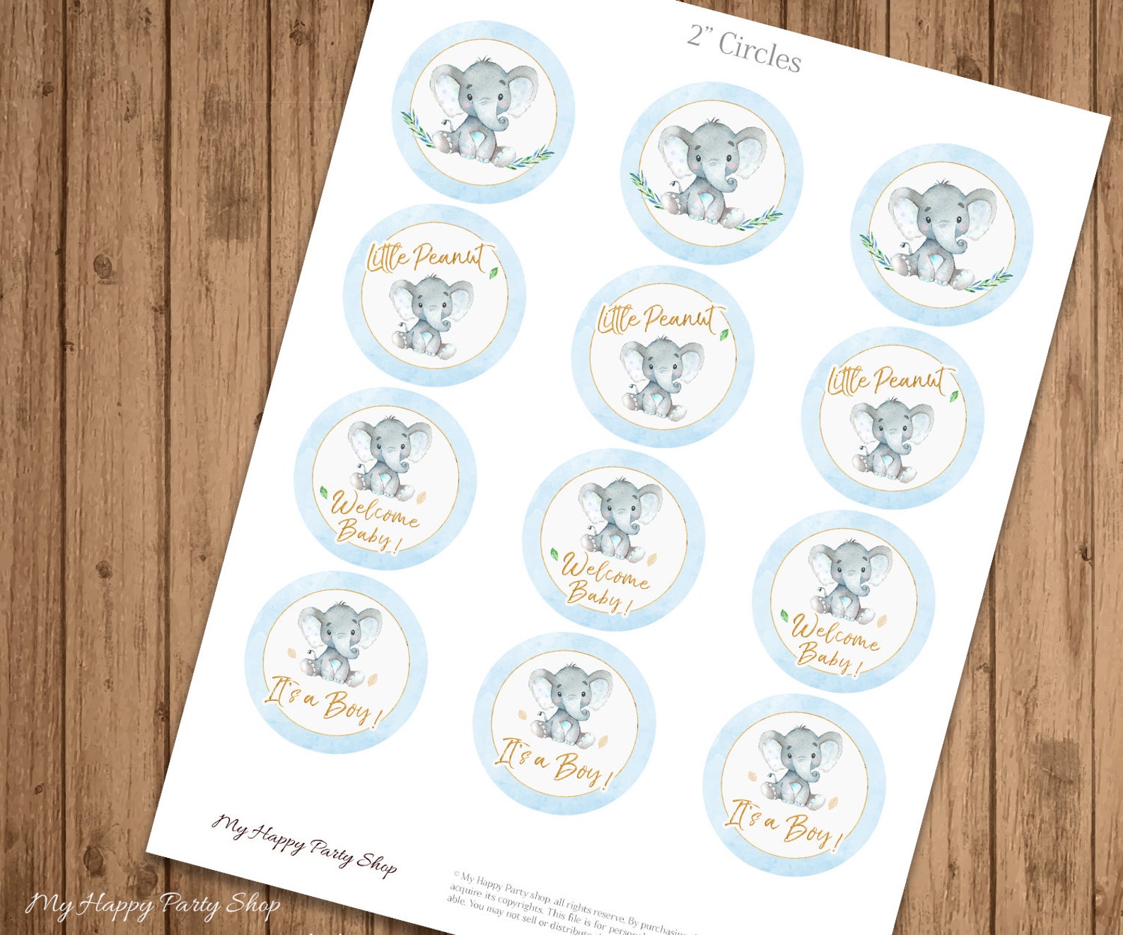 Blue Elephant Circles PRINTABLE 2 Toppers Elephant 2 - Etsy