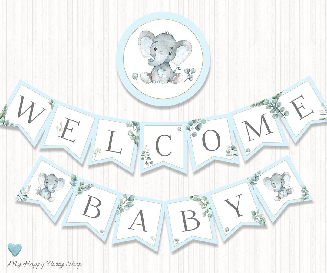 Elephant Baby Shower Banner, PRINTABLE, Blue Welcome Baby, Baby Boy ...