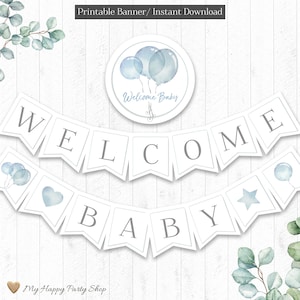 Welcome Baby Banner, PRINTABLE, Blue Baby Shower Banner, Baby Boy ...