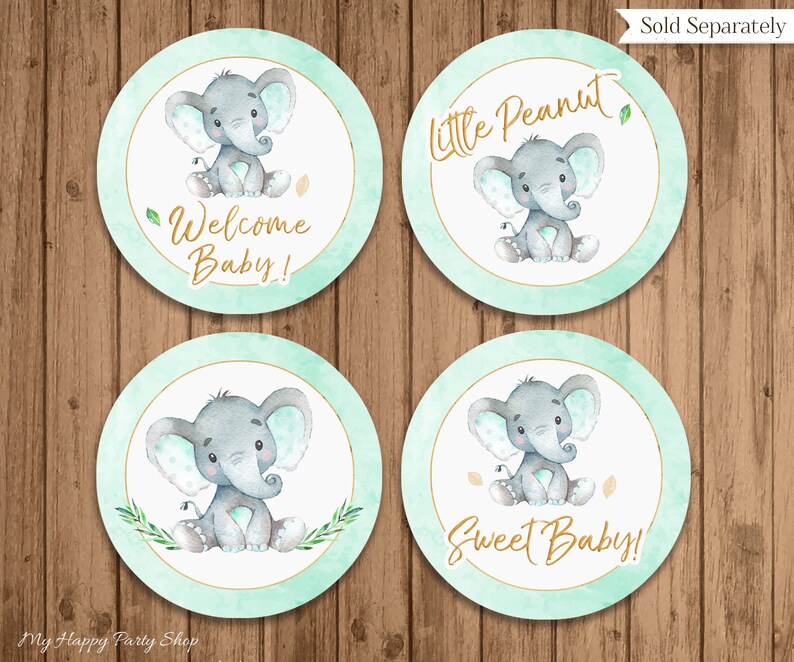 Mint Elephant Favor Tags, PRINTABLE, Mint Green, Cute Elephant Tags ...