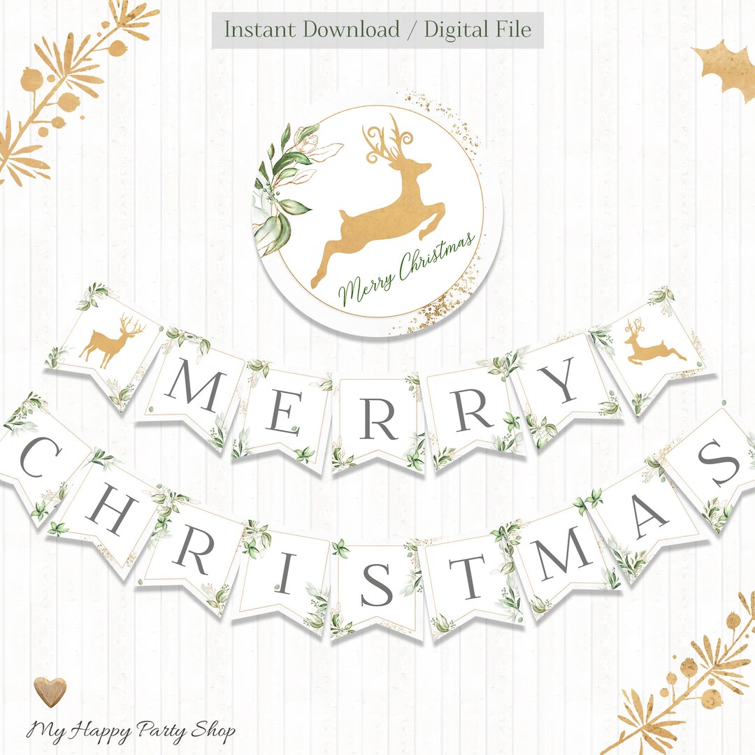 Merry Christmas Banner, Printable, Christmas Party Decor, Greenery, X ...