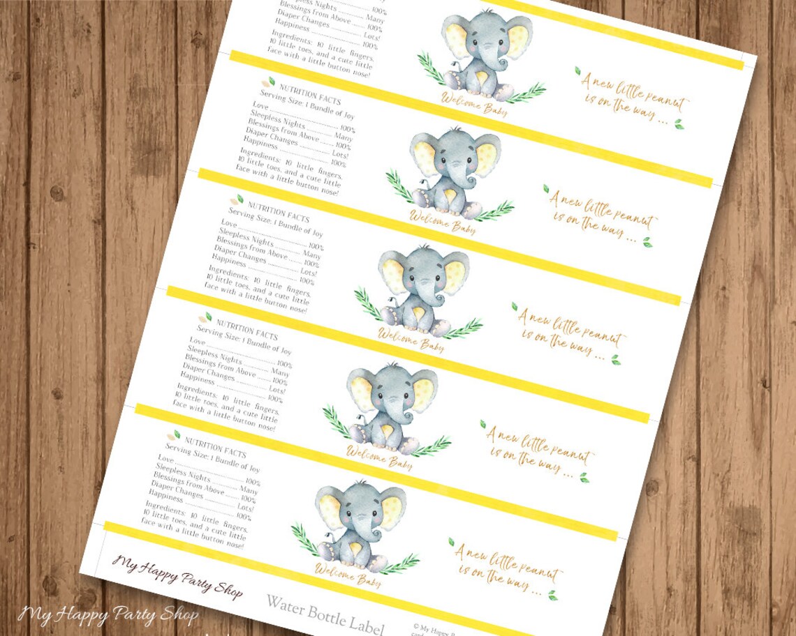 Elephant Water Bottle Labels PRINTABLE Yellow Elephant Baby - Etsy Canada