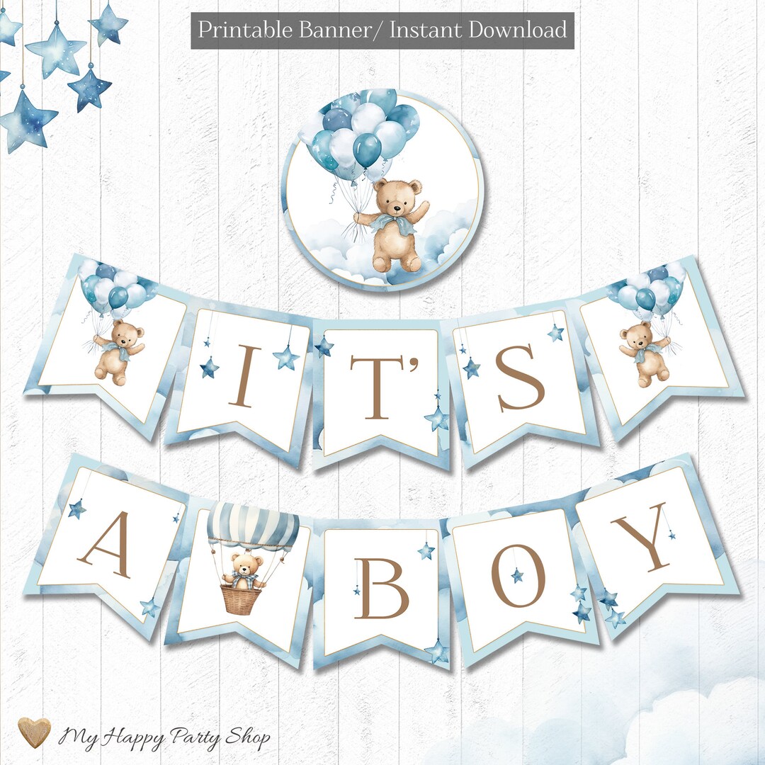 Teddy Bear Baby Shower Banner, PRINTABLE, It's a Boy Banner, Blue ...