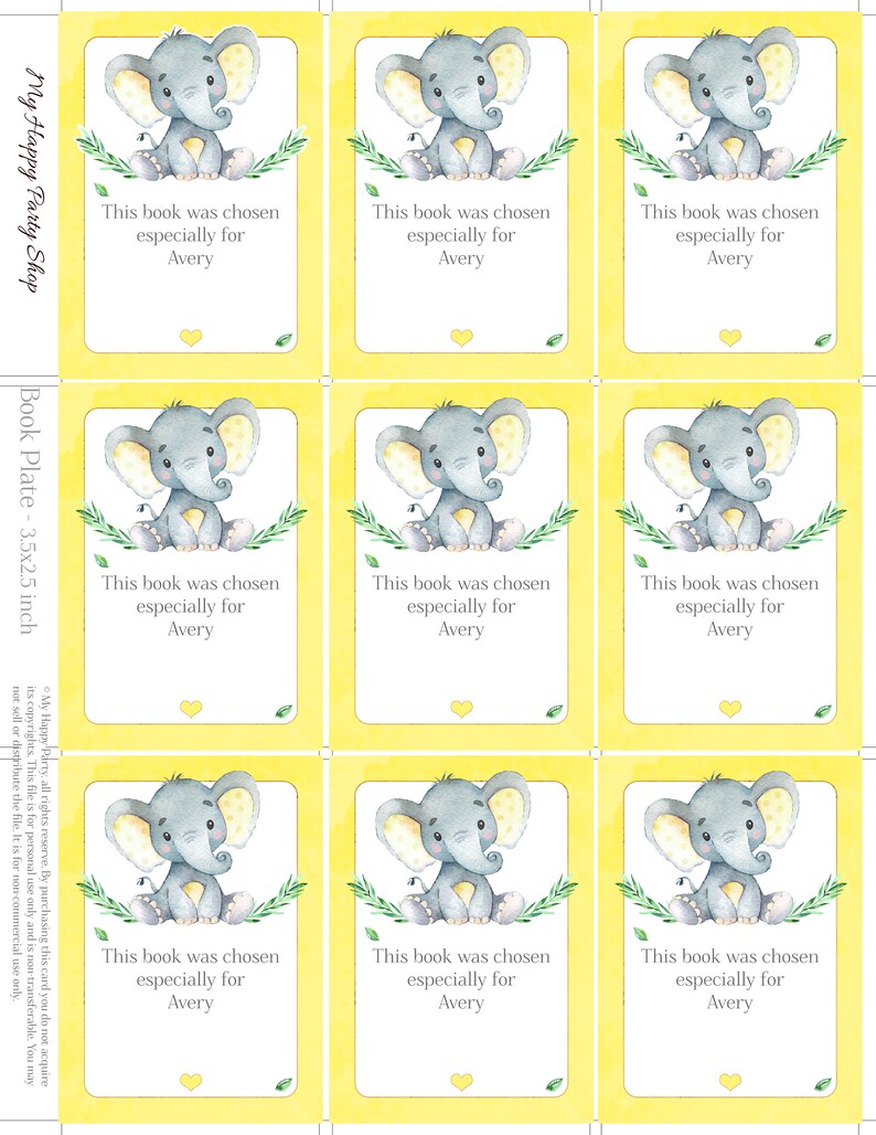 Yellow Elephant Bookplate PRINTABLE Elephant Baby Shower | Etsy
