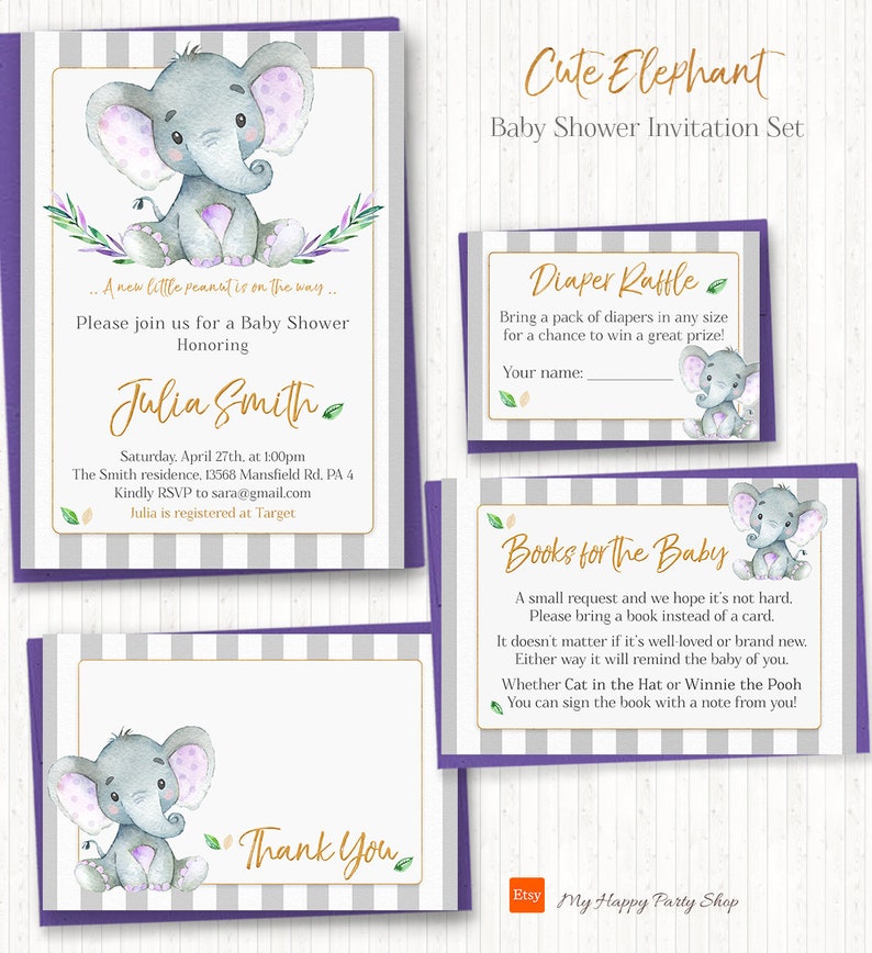 Purple Elephant Baby Shower Invitation Set PRINTABLE Little - Etsy