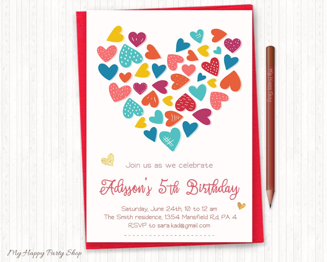 Hearts Birthday Invitation PRINTABLE Rainbow Hearts | Etsy
