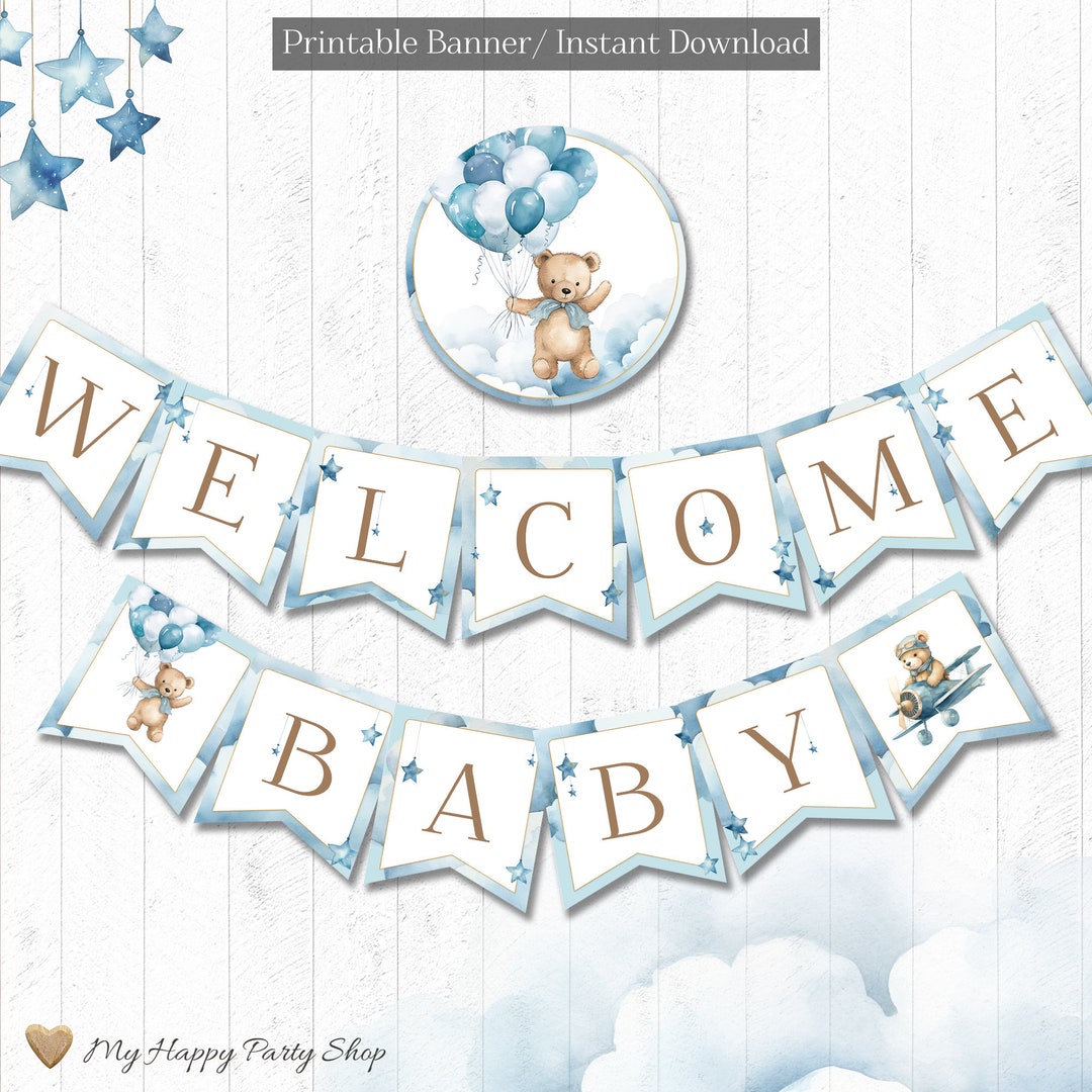Teddy Bear Baby Shower Banner, PRINTABLE, Welcome Baby, Baby Boy Banner ...