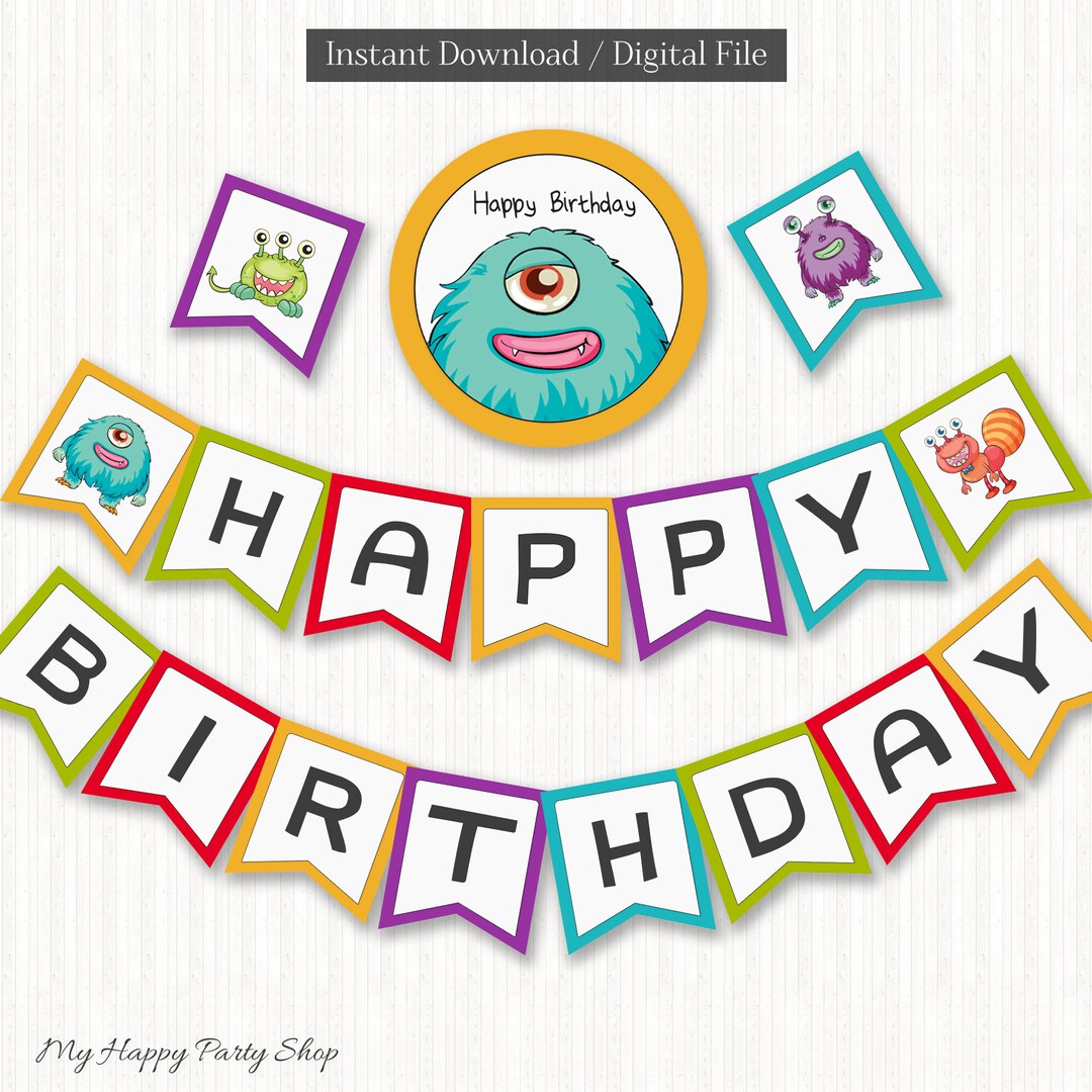 Monster Happy Birthday Banner, PRINTABLE, Monster Party, Happy Birthday ...