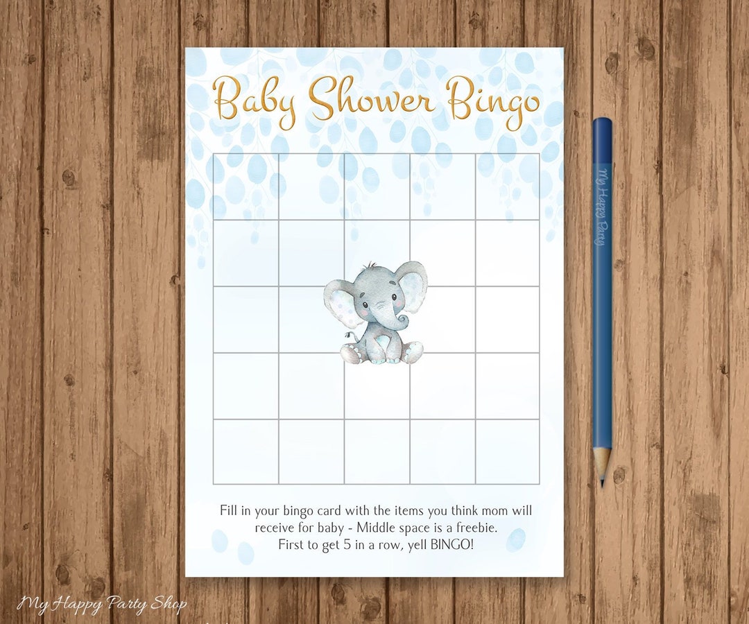 Elephant Baby Shower Bingo Card, PRINTABLE, Boy Shower Bingo Game, Blue ...