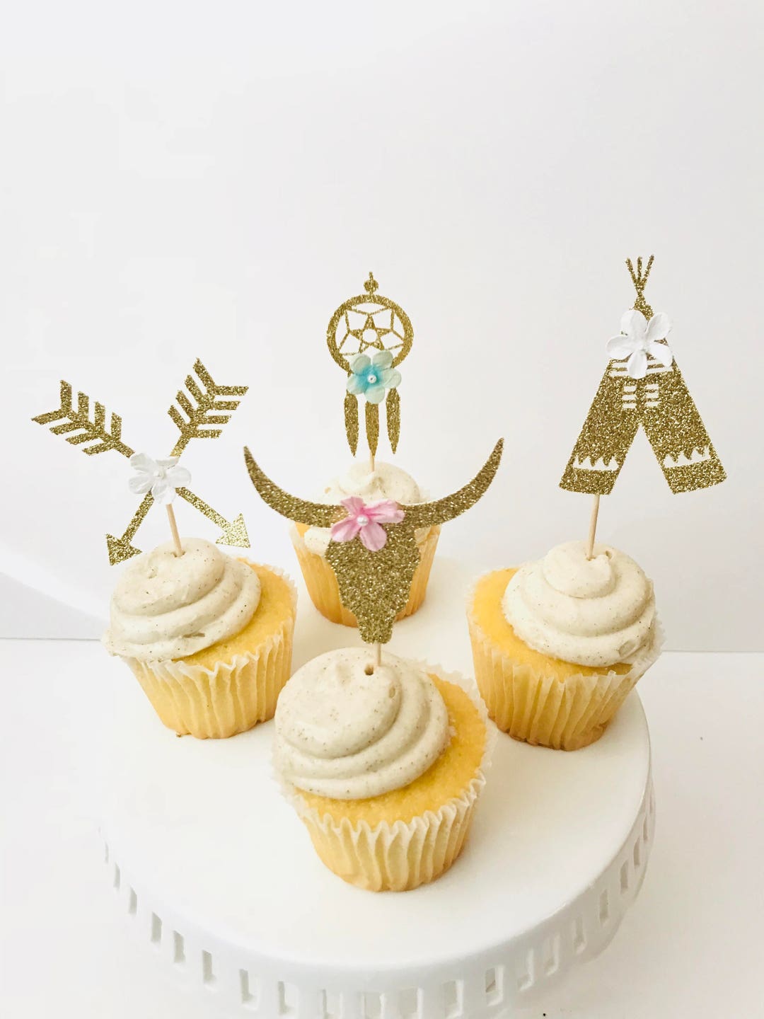 Boho Glitter Cupcake Toppers: Tribal Baby Shower Decorations, Set of 12 ...