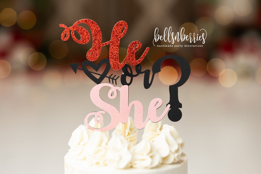 He or She Glitter Cake Topper: Valentine's Day Gender Reveal - Etsy