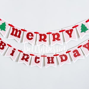 Merry Birthday Banner: Pink & Red Glitter, Christmas Birthday - Etsy