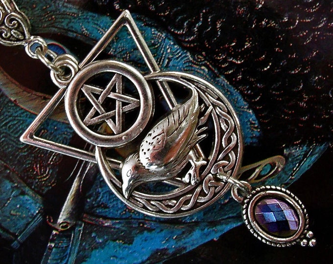 Wiccan Raven Necklace Pentacle Witchy Crow Celtic Moon Crescent ...