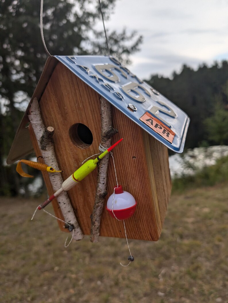 Michigan License Plate Roof on Birdhouse With Snagged Bobber and ...