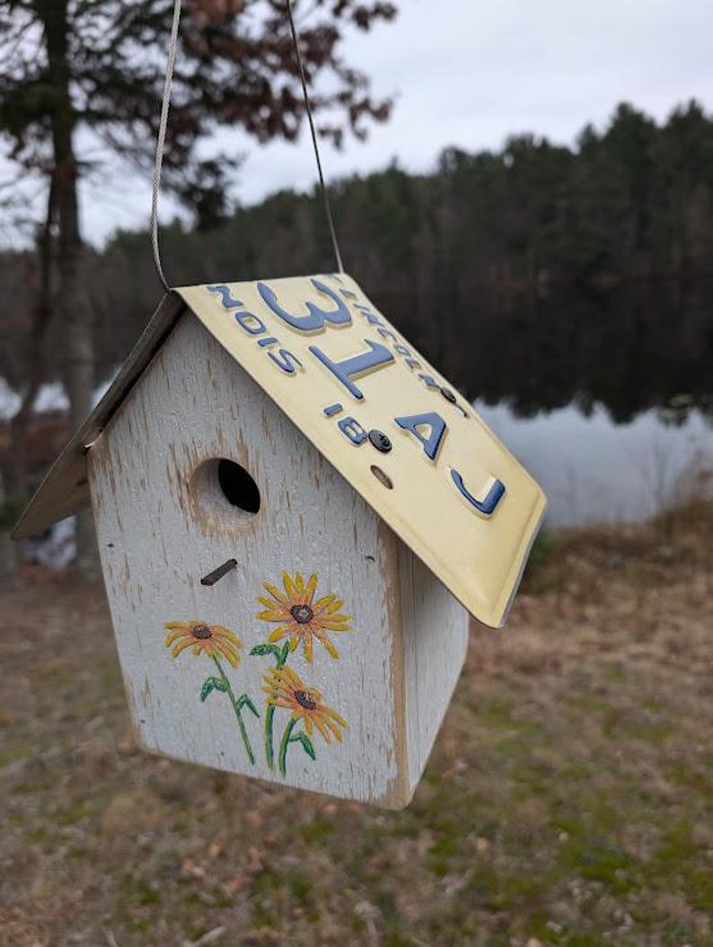Illinois License Plate Roof on Hand Painted Flower Birdhouse With ...