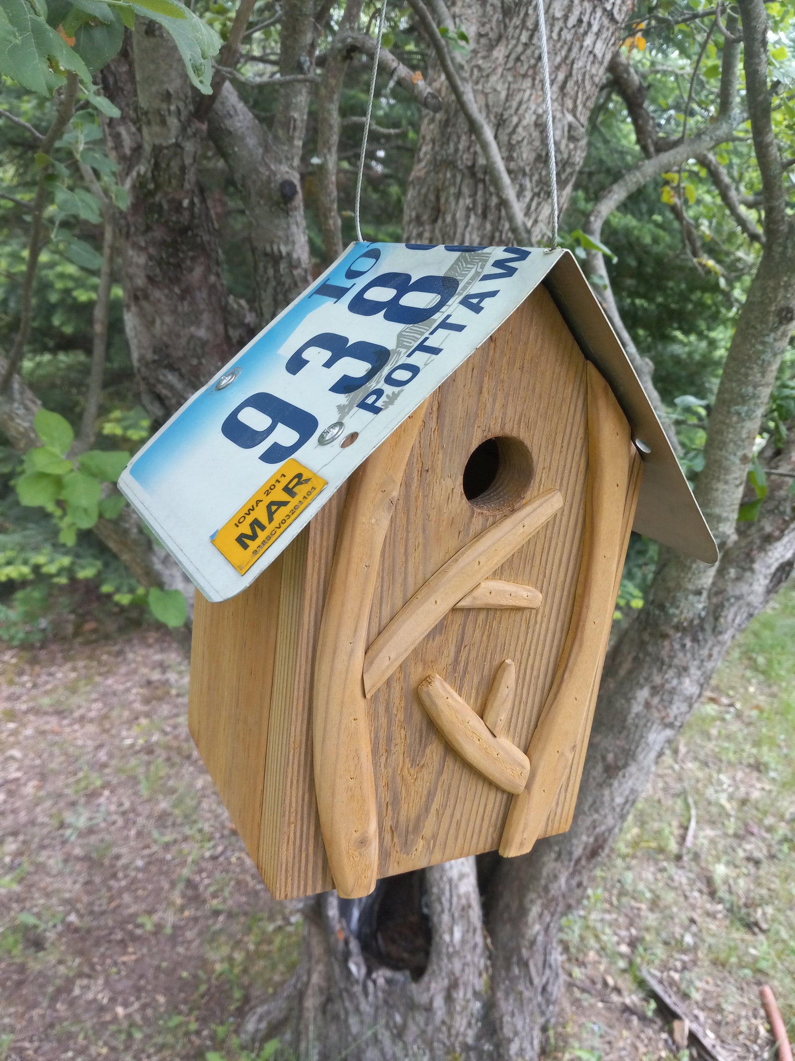 Iowa License Plate Roof on a Rustic Birdhouse With Artistic Branch ...