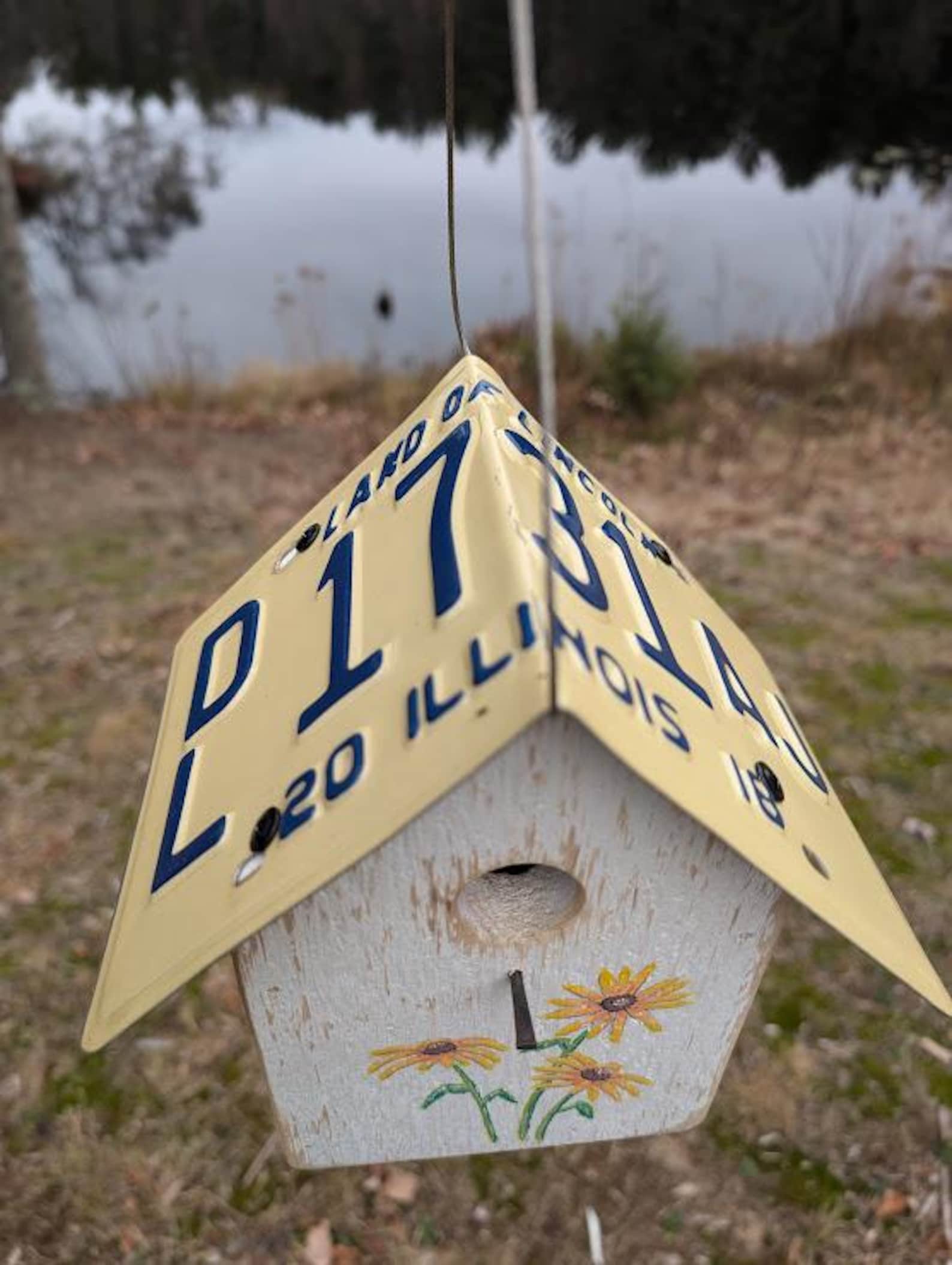 Illinois License Plate Roof on Hand Painted Flower Birdhouse With ...
