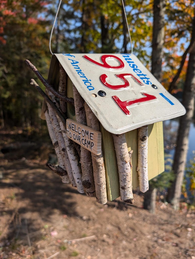Massachusetts License Plate Roof Birdhouse With Birch Branch Made With ...