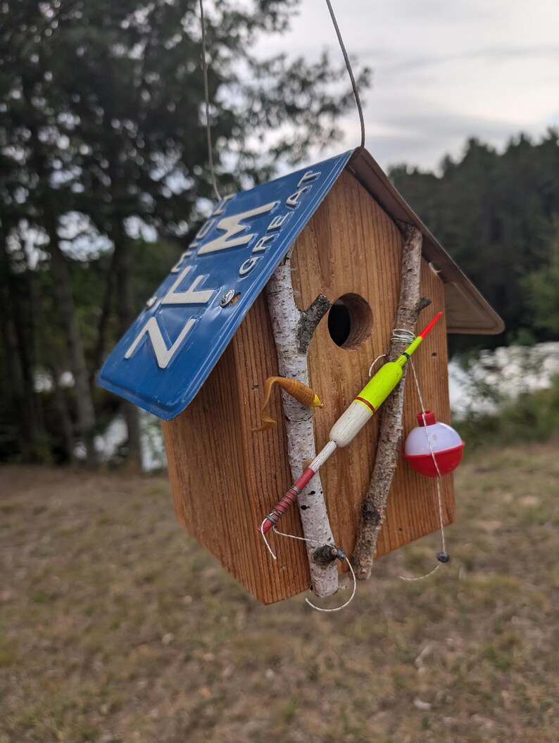 Michigan License Plate Roof on Birdhouse With Snagged Bobber and ...