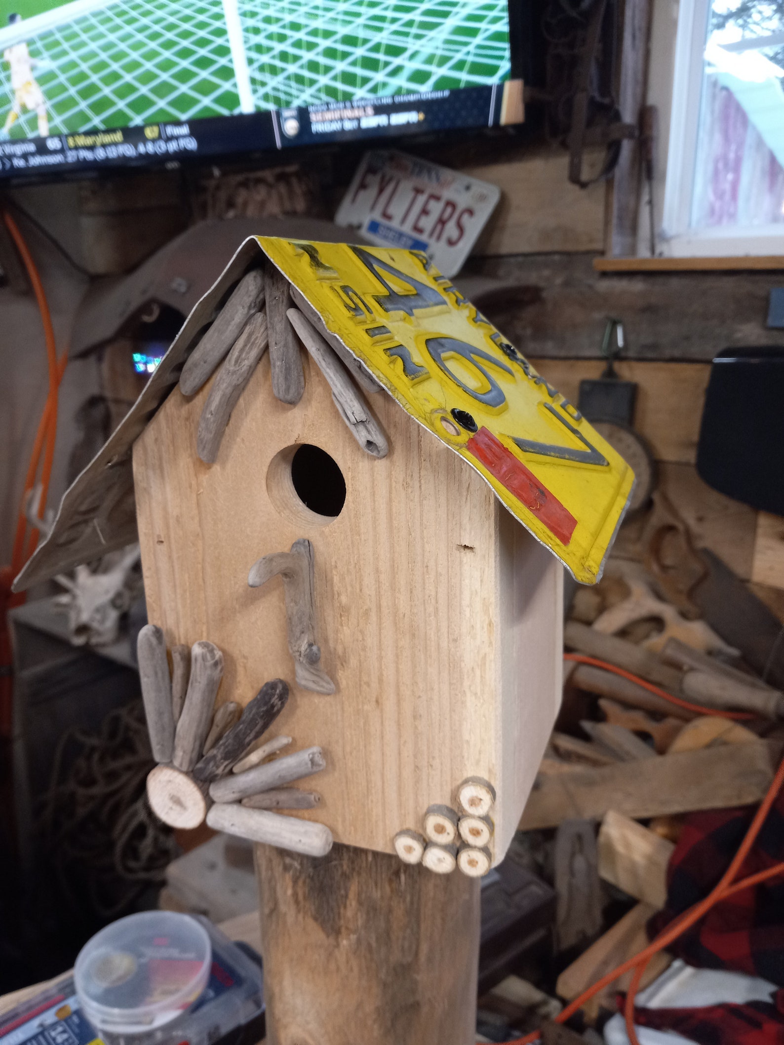 Wisconsin License Plate Roof on Raw Cedar Birdhouse With Driftwood Accents and Perch Hole is for ...