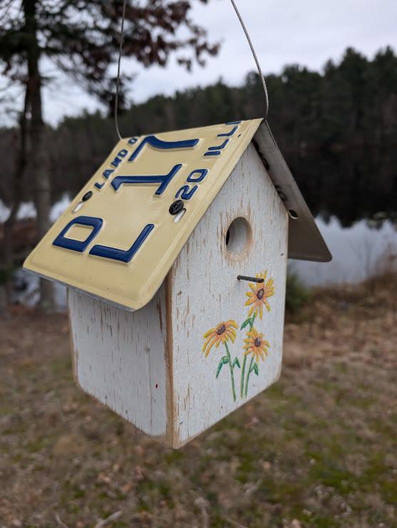 Illinois License Plate Roof on Hand Painted Flower Birdhouse With ...