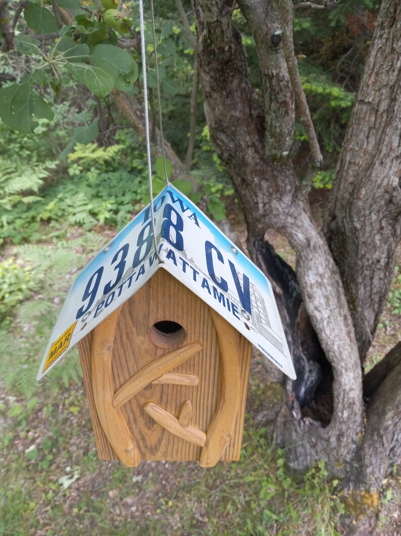 Iowa License Plate Roof on a Rustic Birdhouse With Artistic Branch ...