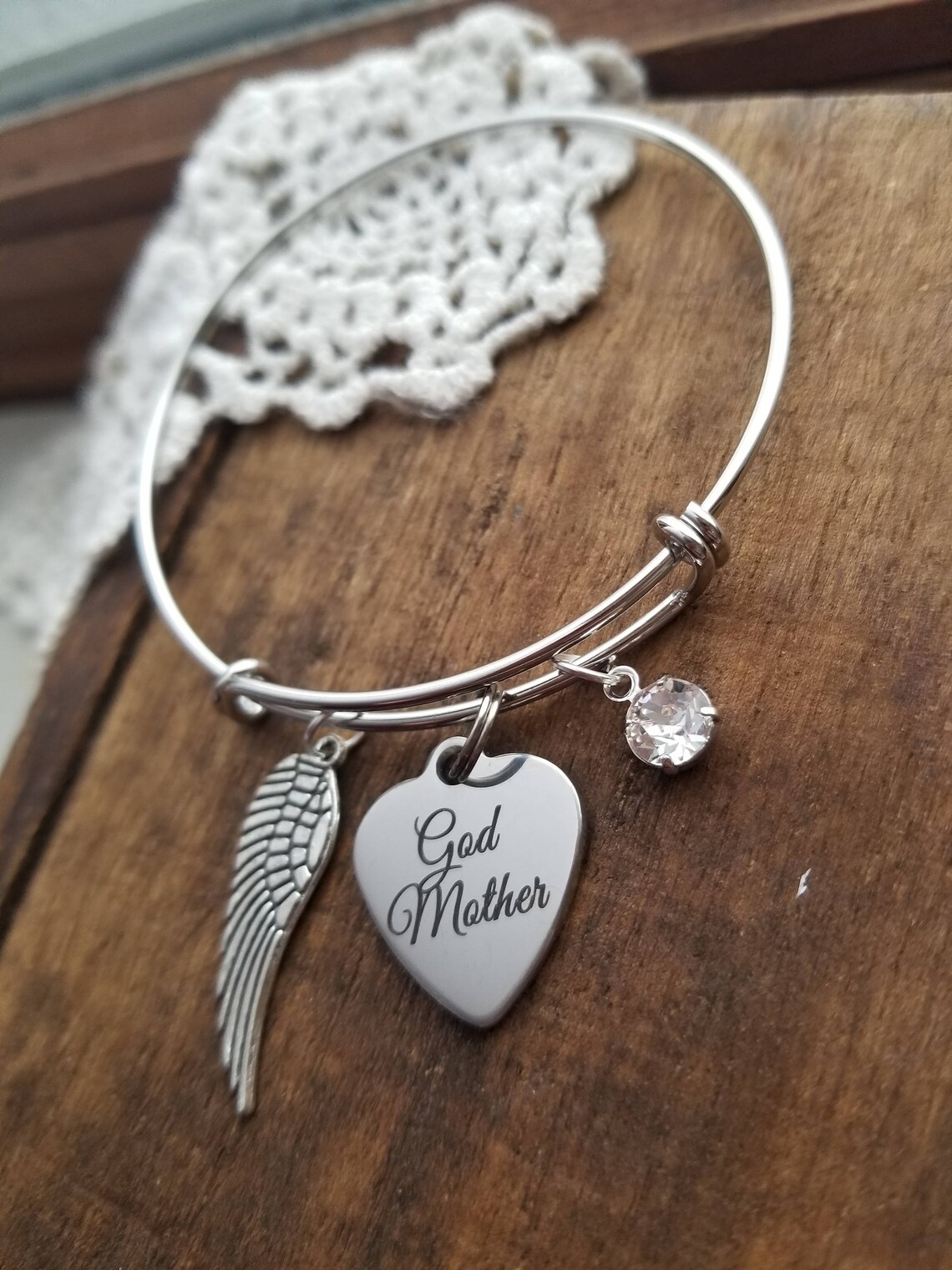Gift for Godmother, Godmother Bracelet, Baptism Gift, Wing Charm Bangle ...
