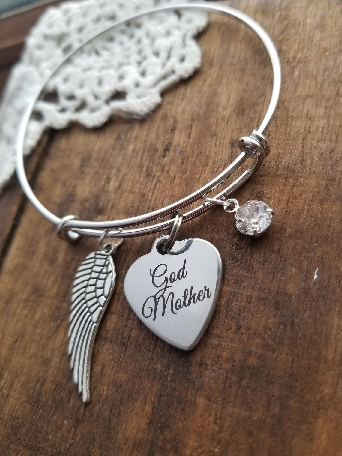 Gift for Godmother, Godmother Bracelet, Baptism Gift, Wing Charm Bangle ...