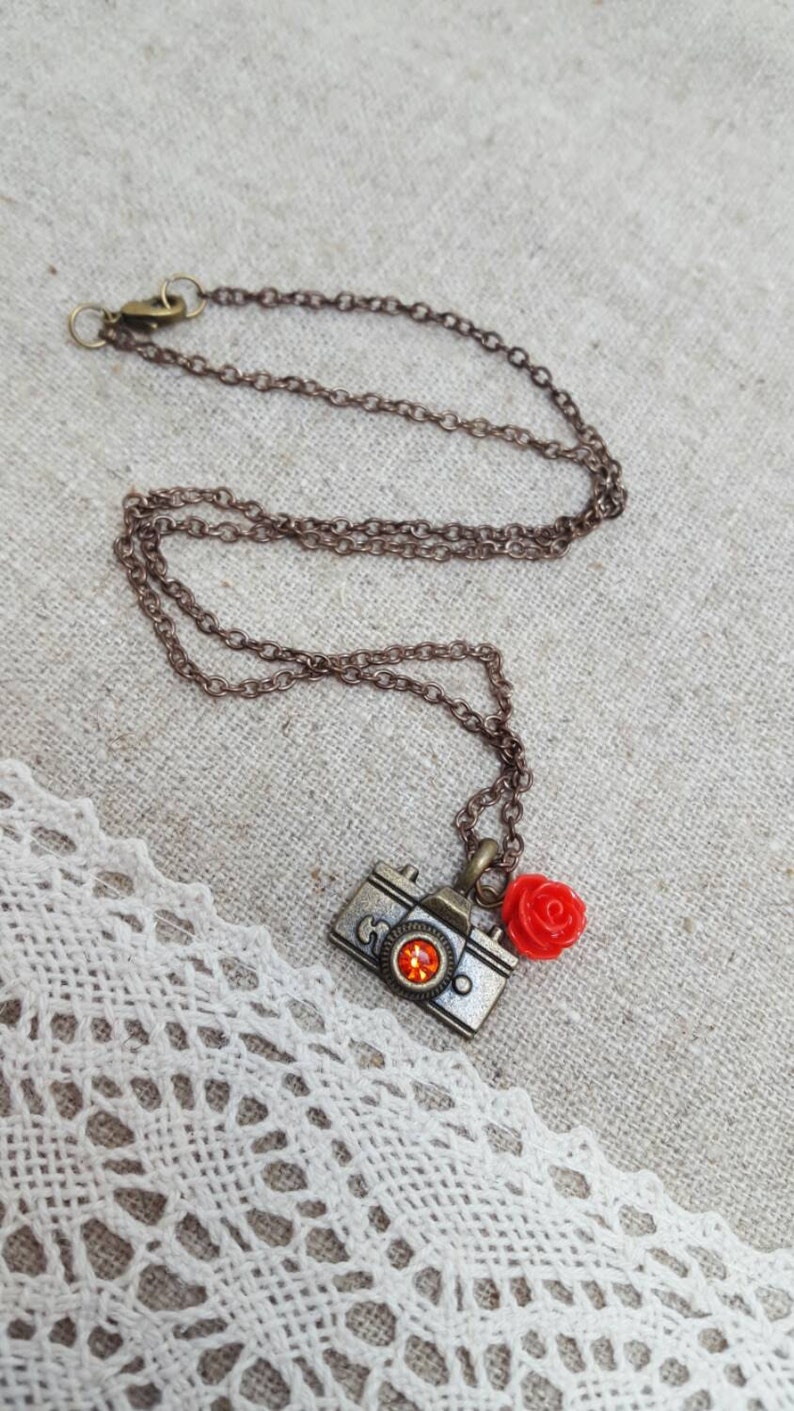 Gift for photographer camera necklace with red swarovski and | Etsy