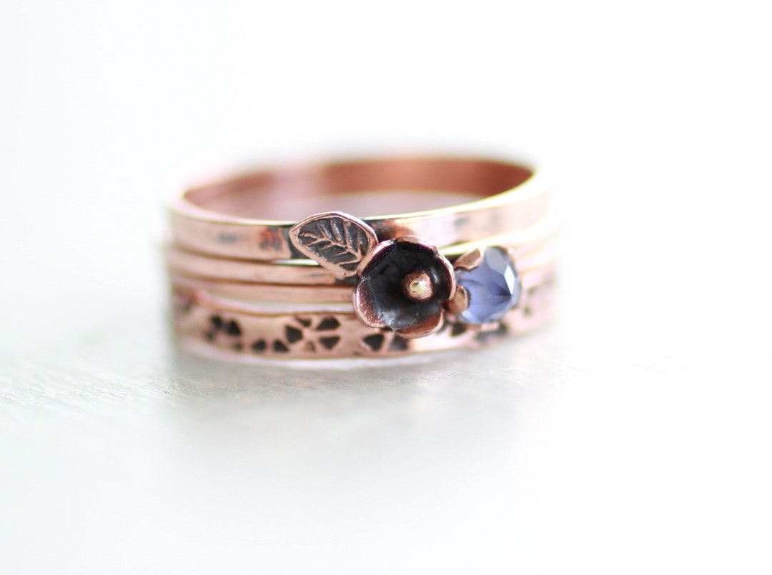 Copper Ring Set With Iolite, Flower Stacking Ring Set, Nature Inspired ...