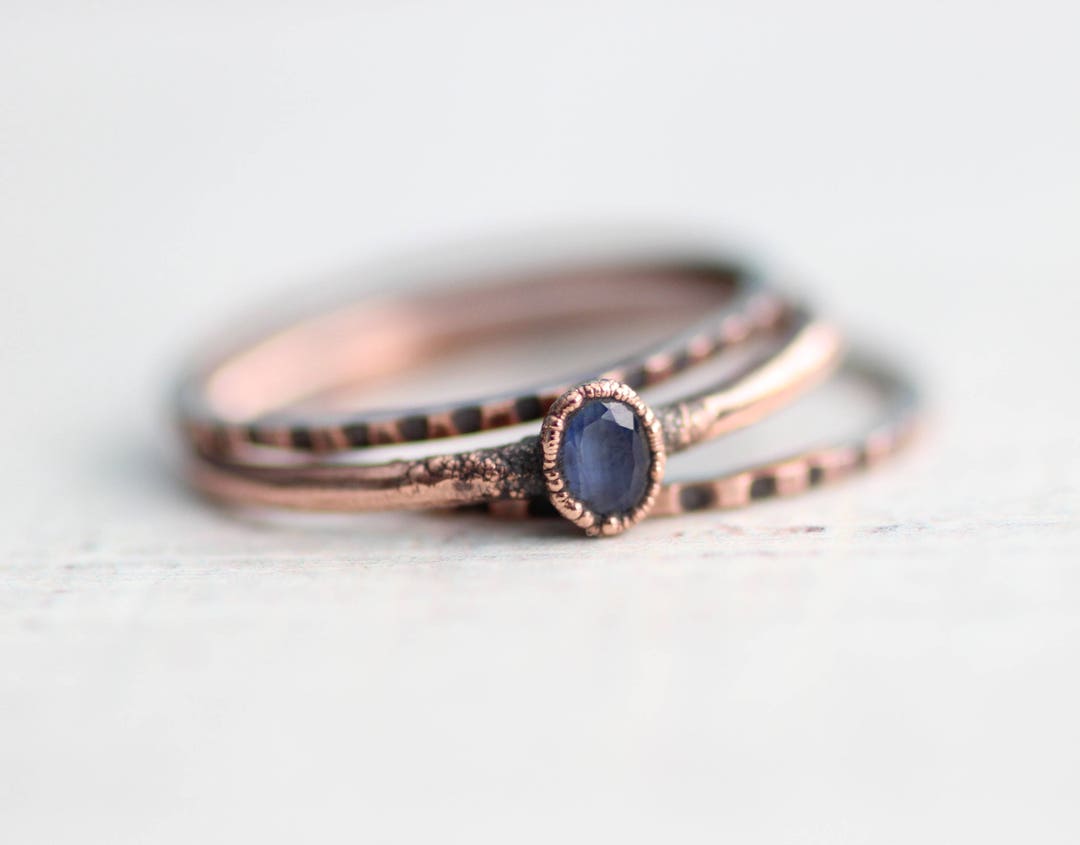 Copper Ring Set Natural Blue Sapphire Ring & Textured Bands, Copper ...