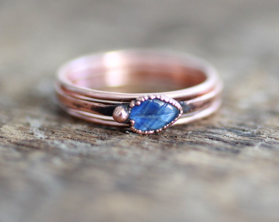 Copper Ring Set, Natural Blue Sapphire Leaf Ring & Thin Copper Bands ...