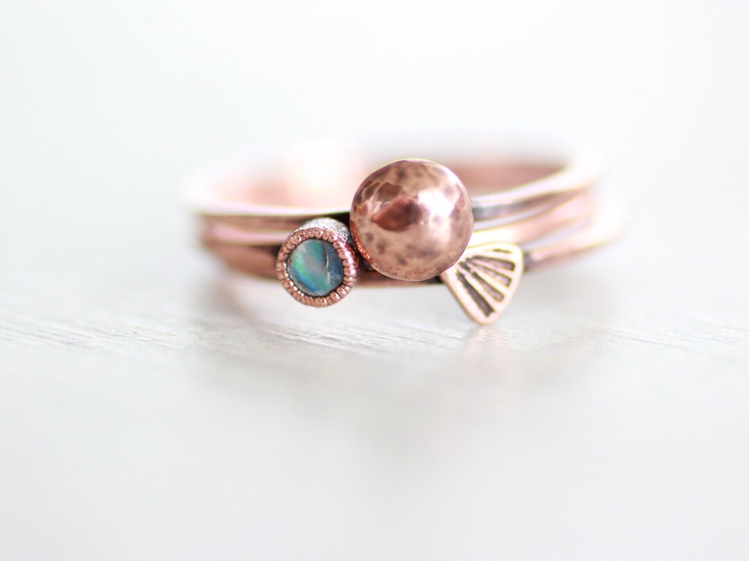 Copper Ring Set With Abalone Shell and Sun, Stacking Ring Set, Nature ...