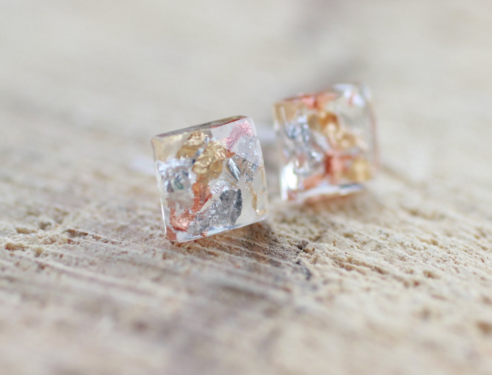 Resin Stud Earrings Clear With Gold, Silver, Copper Flakes, Small ...